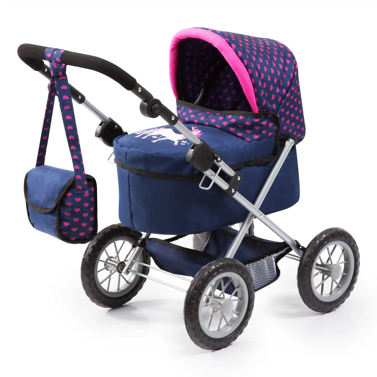 Trendy Royale Pram - Dark Blue with Pink Hearts and Unicorn - Geppetto ...